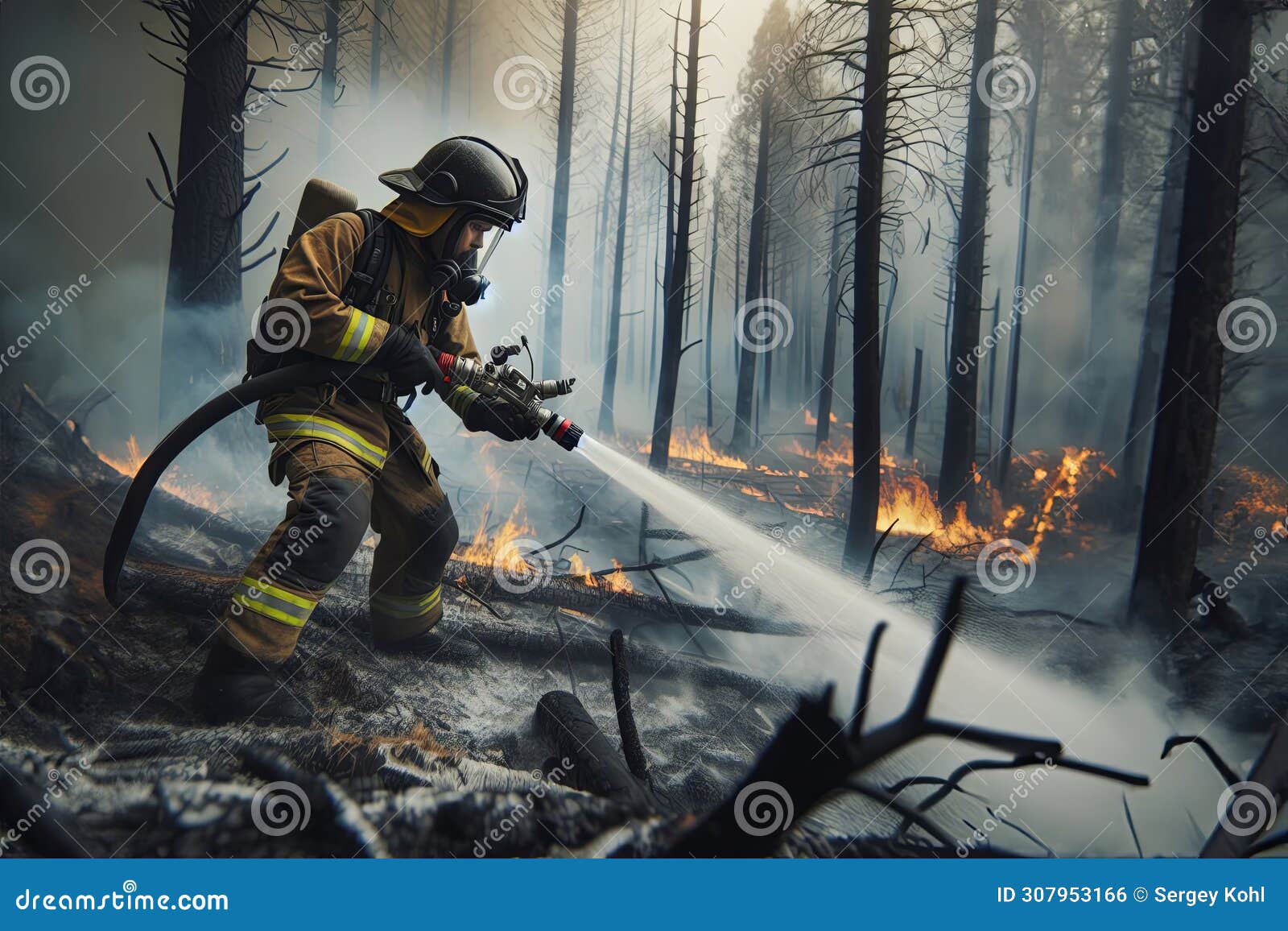 A Firefighter Extinguishing a Forest Fire. Stock Illustration ...