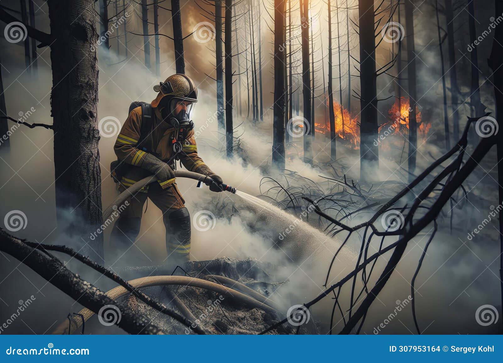A Firefighter Extinguishing a Forest Fire. Stock Illustration ...