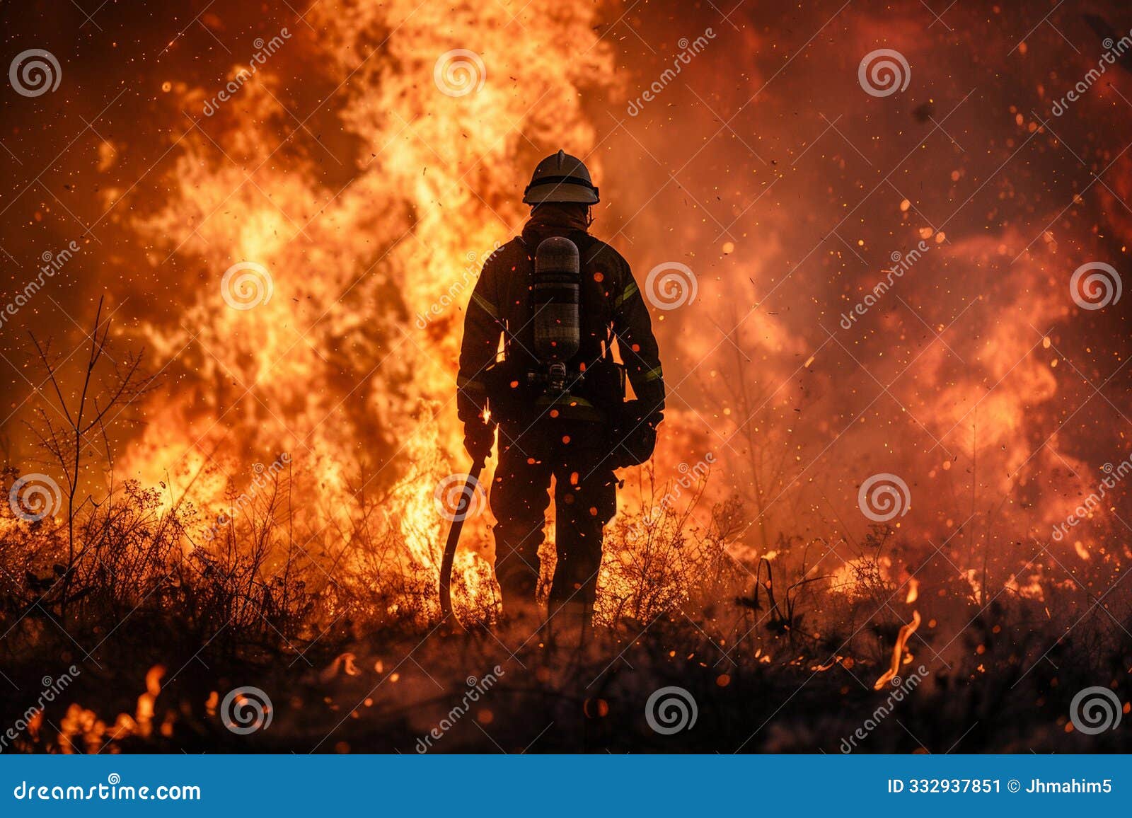 Firefighter Facing Intense House Fire With Flames Engulfing The ...