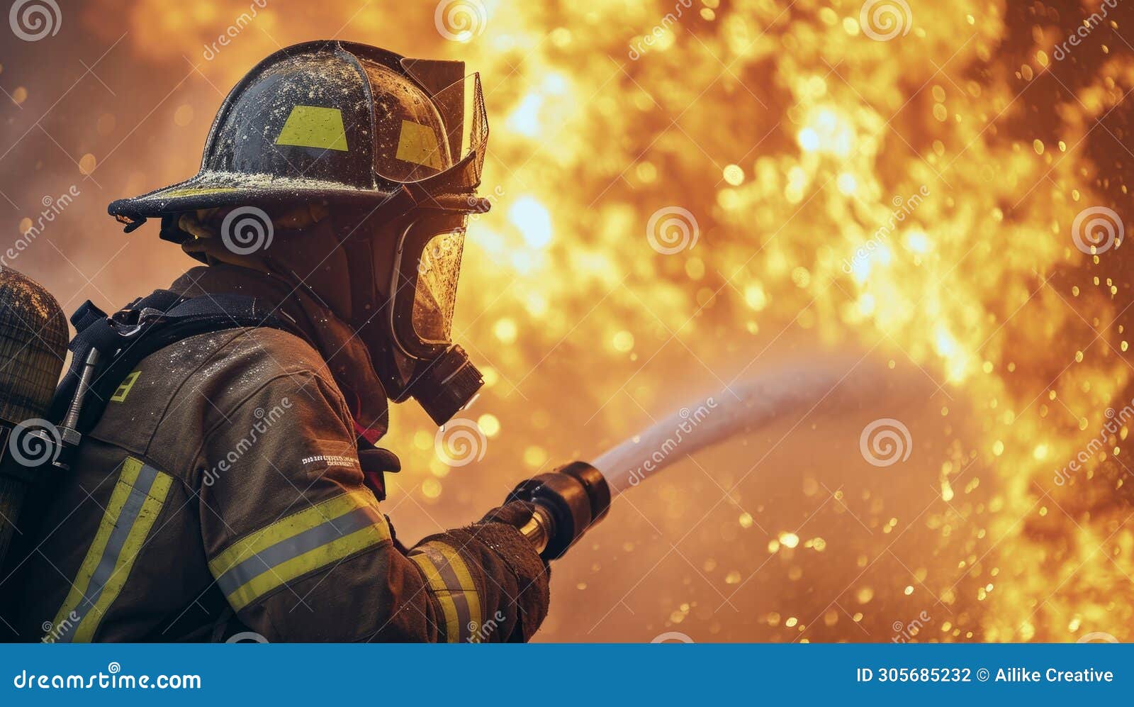 Firefighter Fighting a Fire on a Background of Smoke and Flames Stock ...