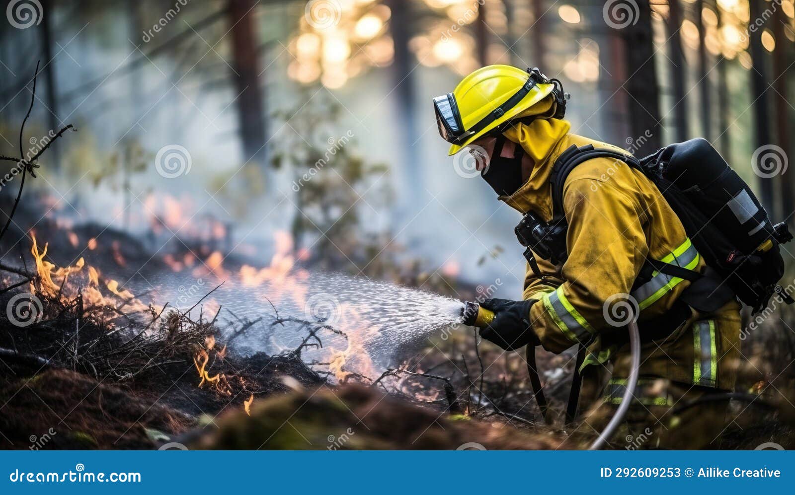 Firefighter Fighting a Fire in the Forest Stock Illustration ...