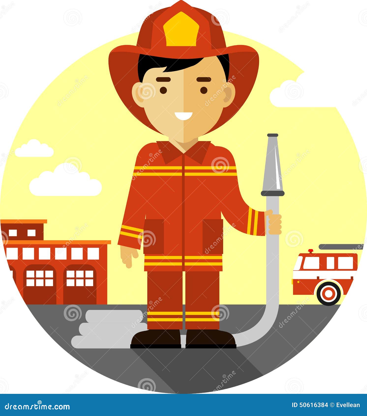 Man Fire Fighter In Uniform Climbing Up The Ladder And Spraying Water ...