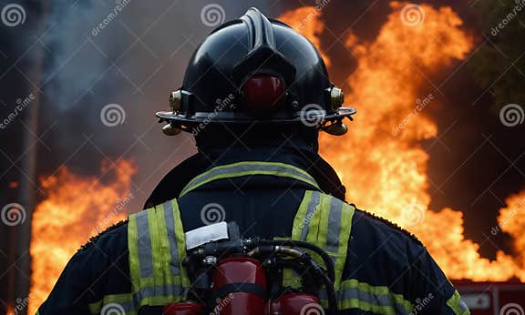 Firefighter in Front of a Huge Fire, View from the Back Stock Image ...