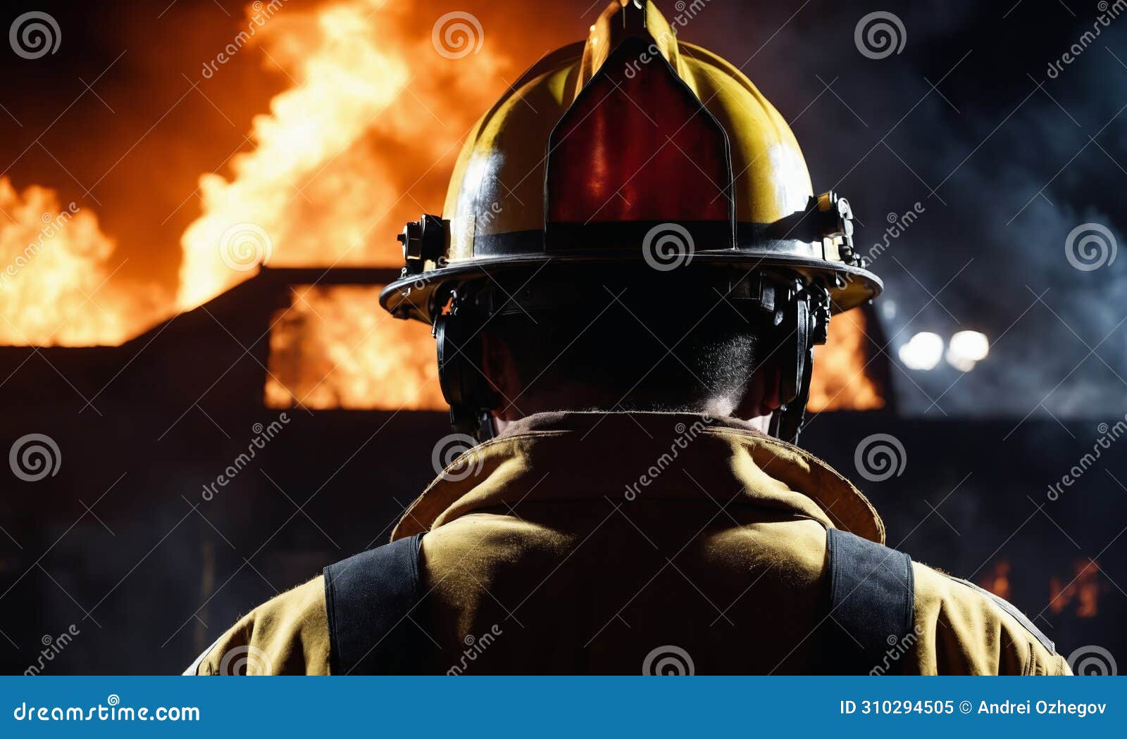 Firefighter in Front of a Huge Fire, View from the Back Stock Image ...