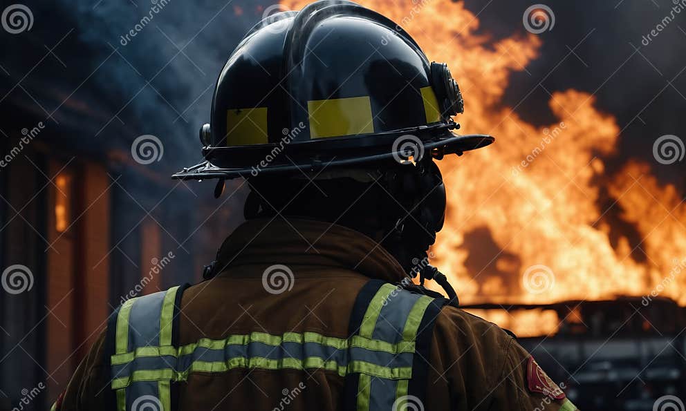 Firefighter in Front of a Huge Fire, View from the Back Stock ...