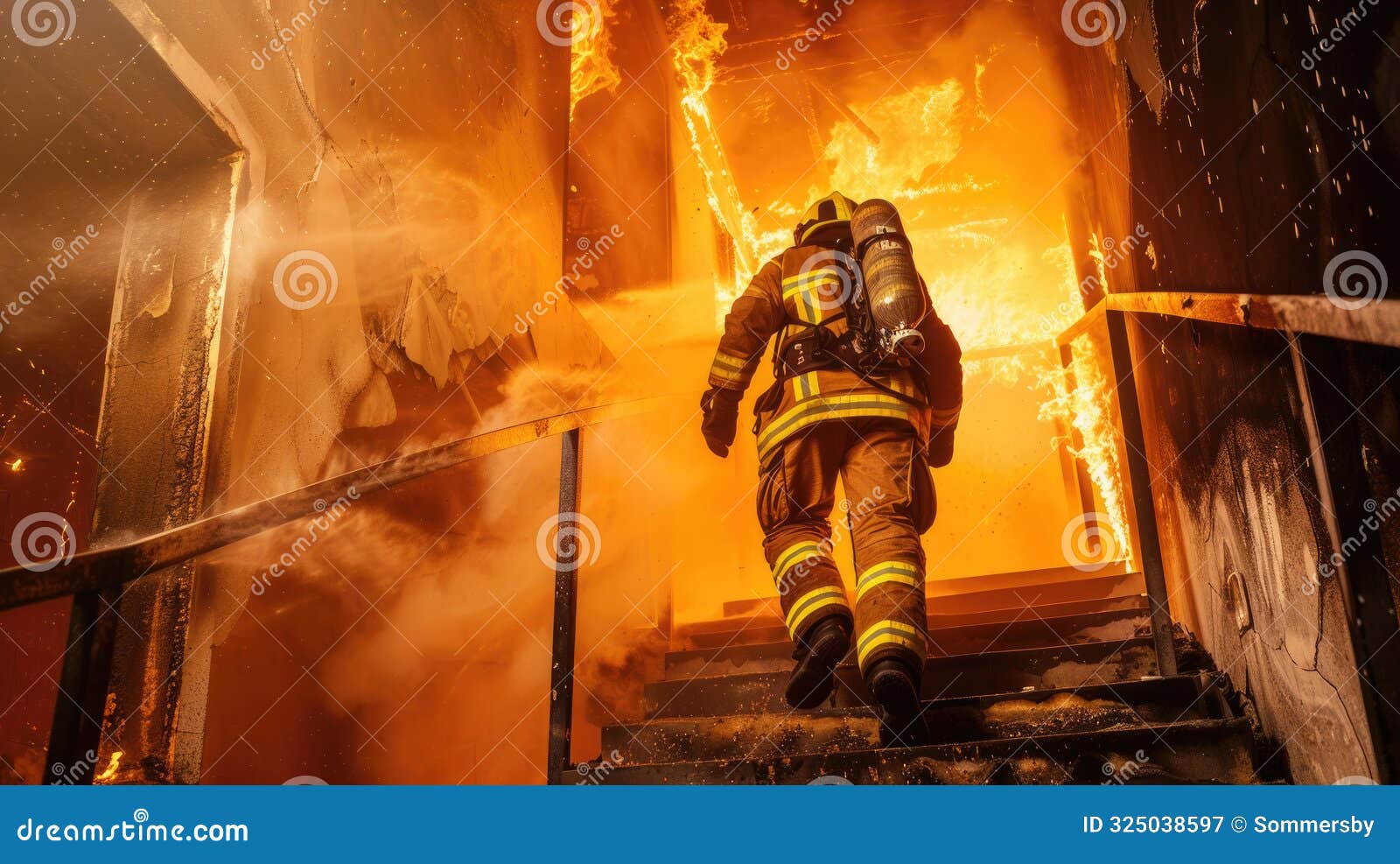 A Firefighter in Full Gear Ascends a Staircase Inside a Burning ...