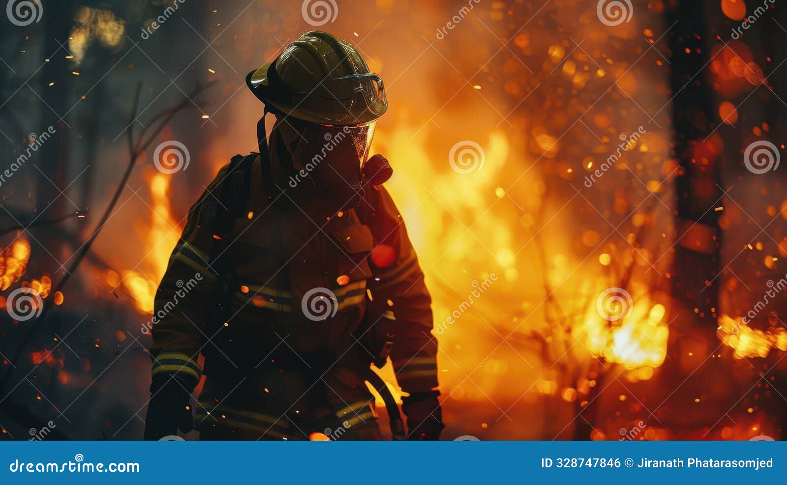Firefighter in Full Gear Battling an Intense Forest Fire with Glowing ...