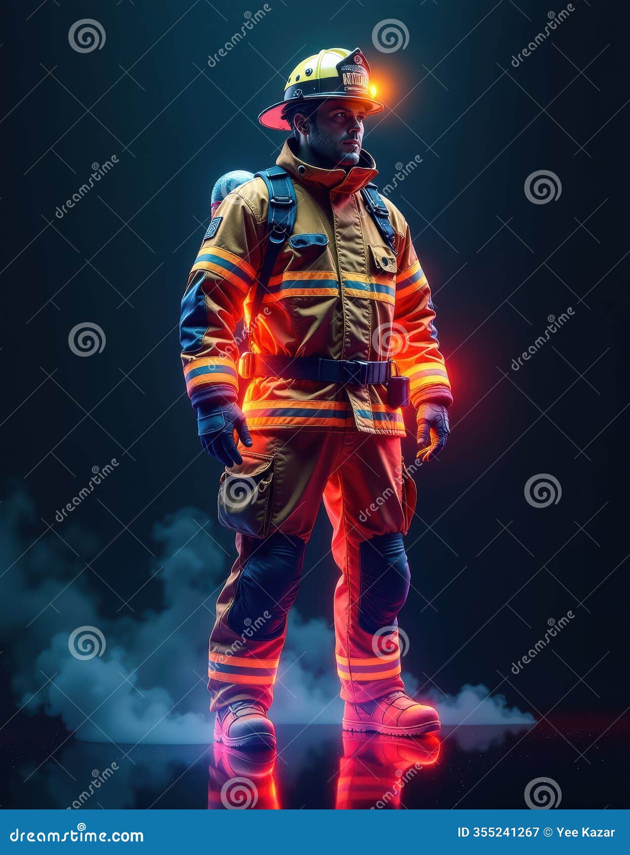 Firefighter in Full Gear, Dramatic Lighting Stock Illustration ...