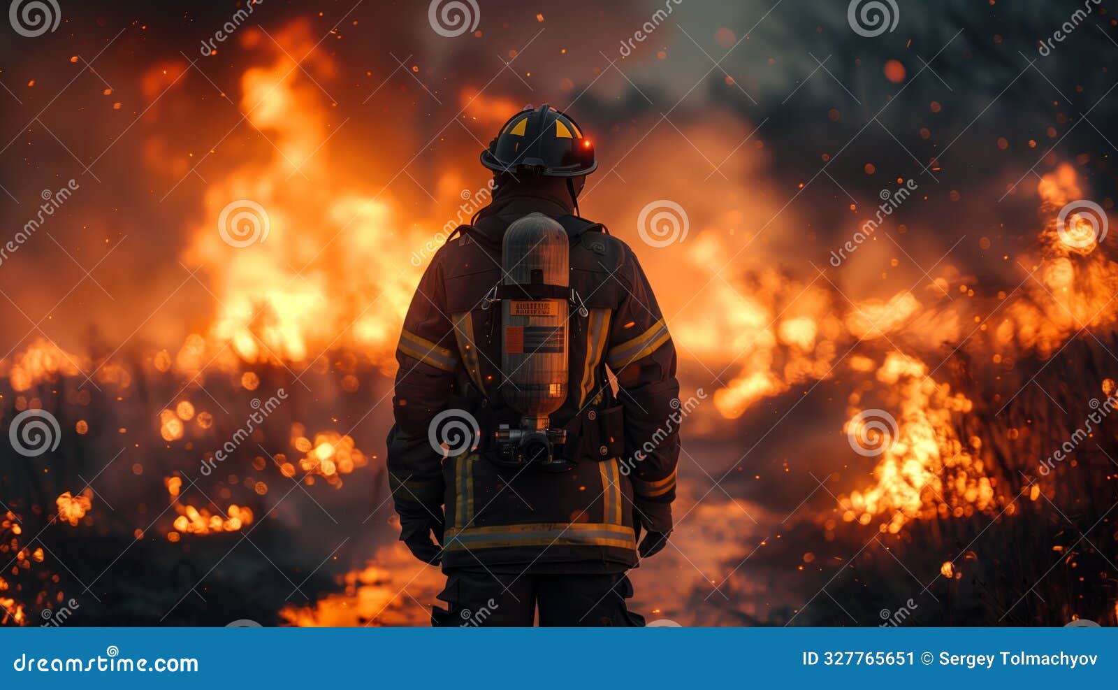 Firefighter Facing Intense House Fire With Flames Engulfing The ...