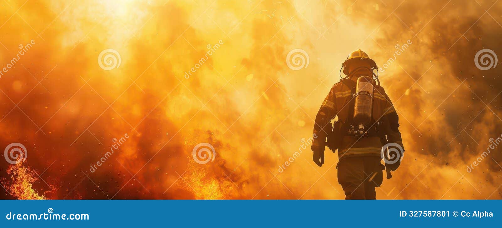 A Firefighter in Full Gear Walking Towards a Raging Fire, Symbolizing ...