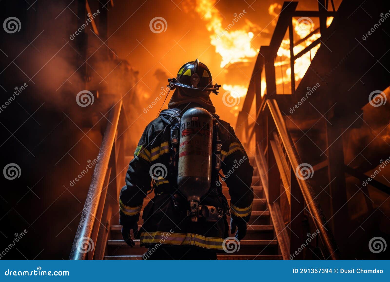 Firefighter in Full Gear Walking Up Stairway Severe Fire. Generative AI ...