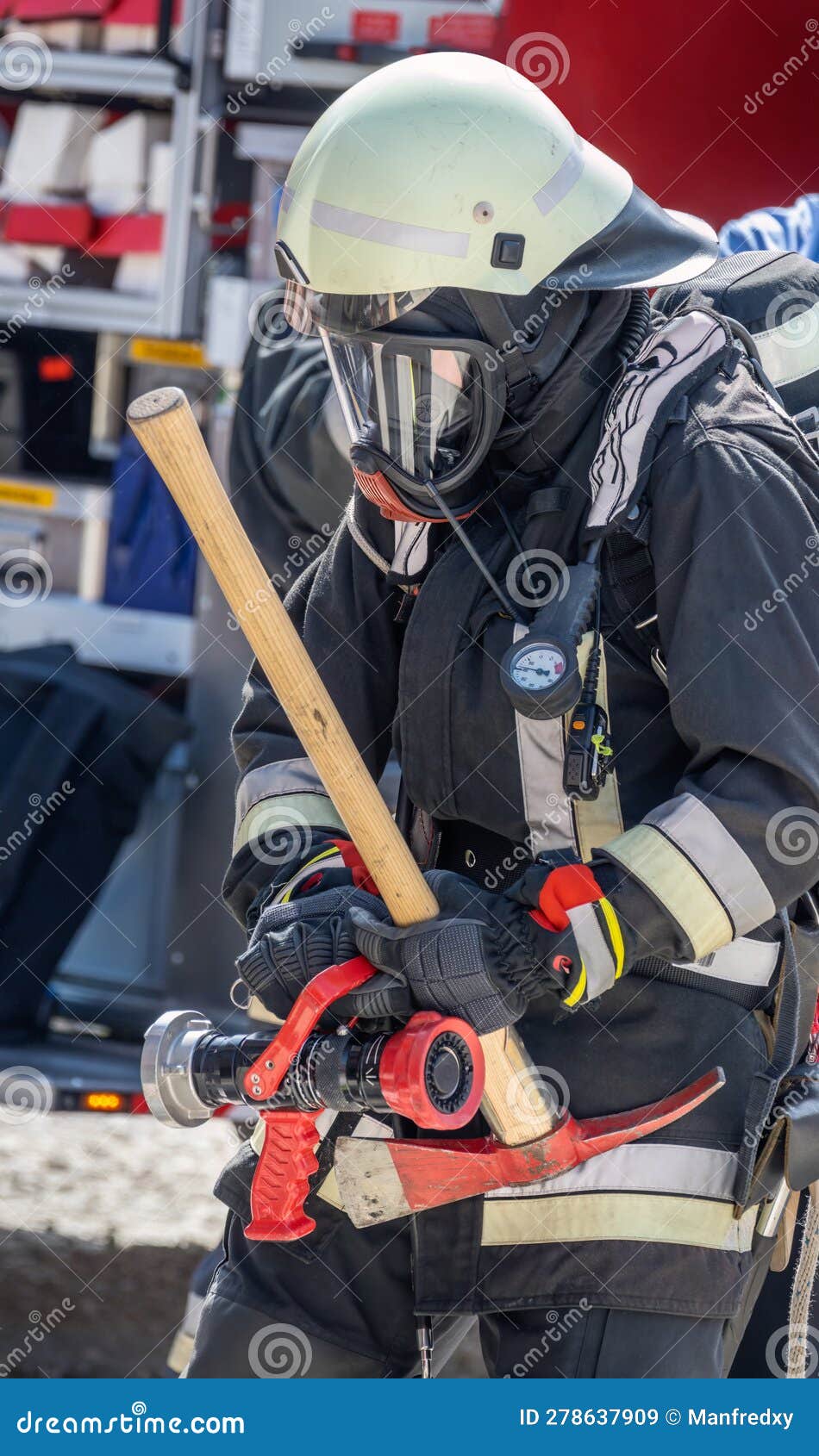 Firefighter with Gas Mask and Axe Stock Image - Image of mask ...