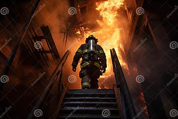 Firefighter Going Up the Stairs in Burning Building. Generative AI ...