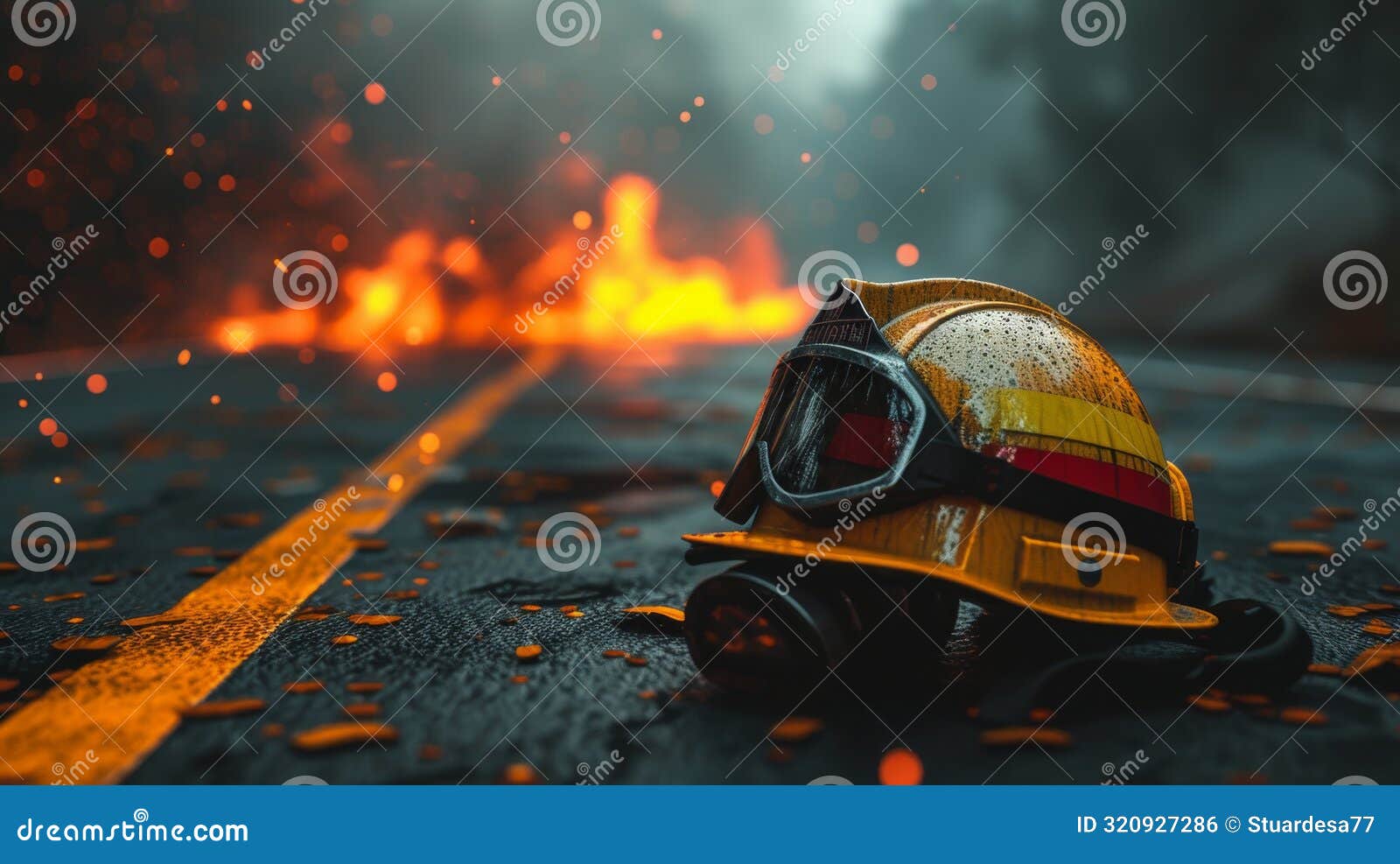 Firefighter Helmet with Goggles on Burning Road Stock Photo - Image of ...