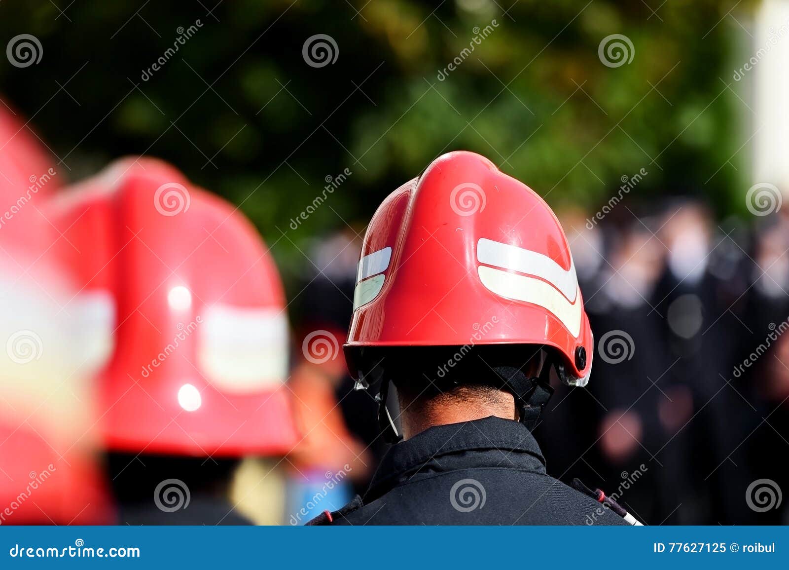Firefighter Helmets Seen from Behind during Parade Stock Image - Image ...