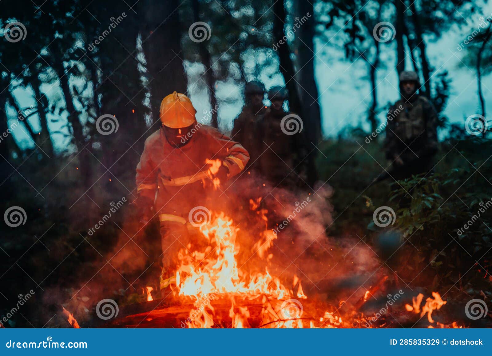 Firefighter Hero in Action Danger Jumping Over Fire Flame To Rescue and ...