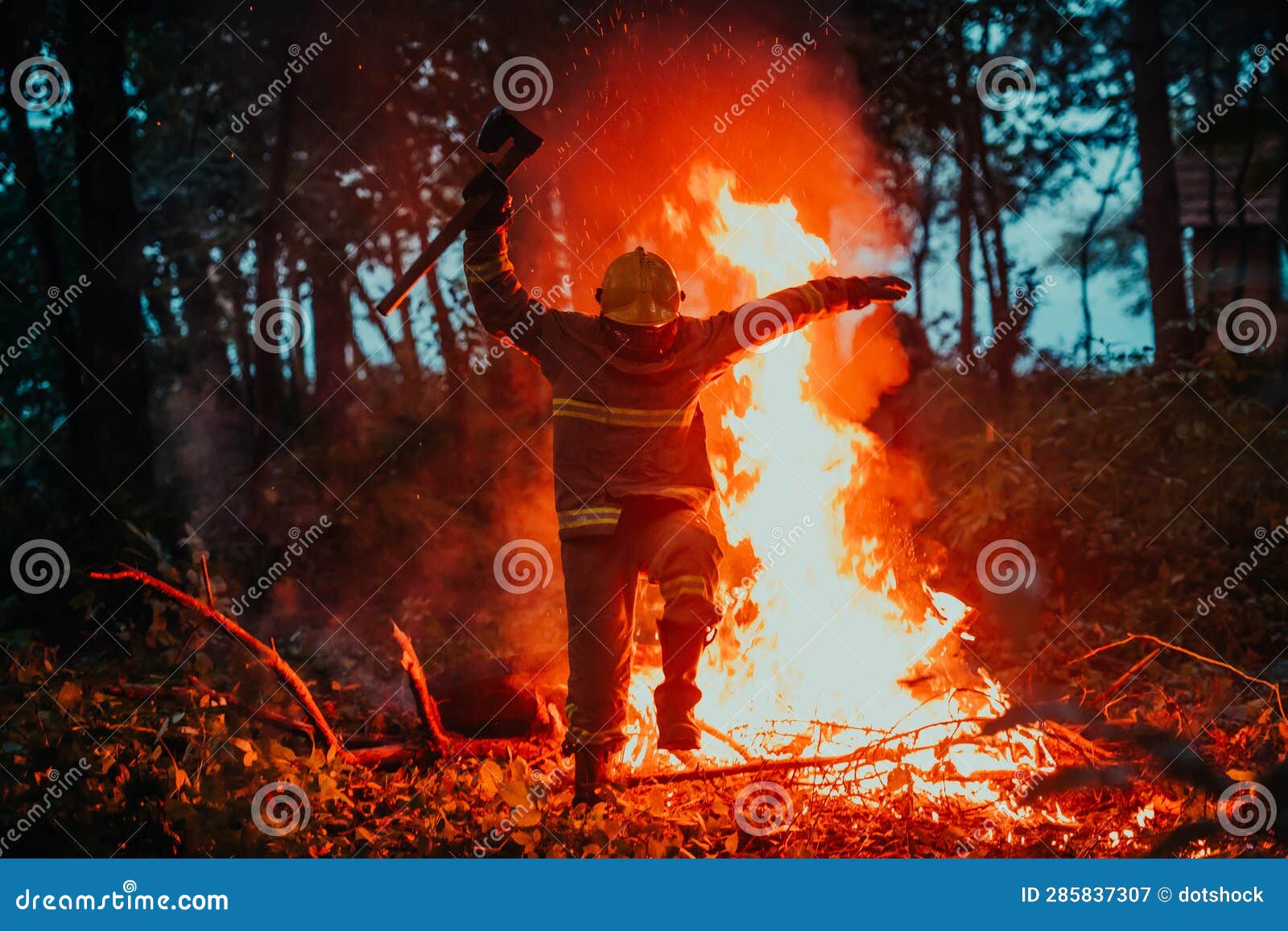 Firefighter Hero in Action Danger Jumping Over Fire Flame To Rescue and ...