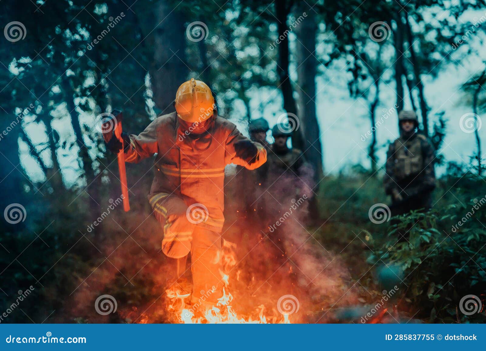 Firefighter Hero in Action Danger Jumping Over Fire Flame To Rescue and ...