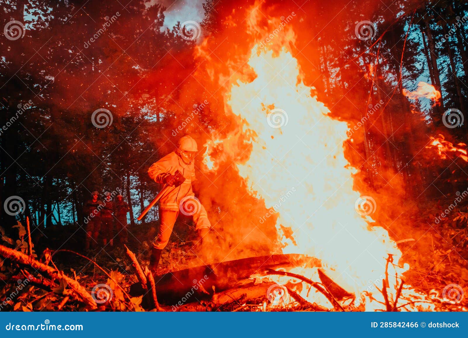 Firefighter Hero in Action Danger Jumping Over Fire Flame To Rescue and ...