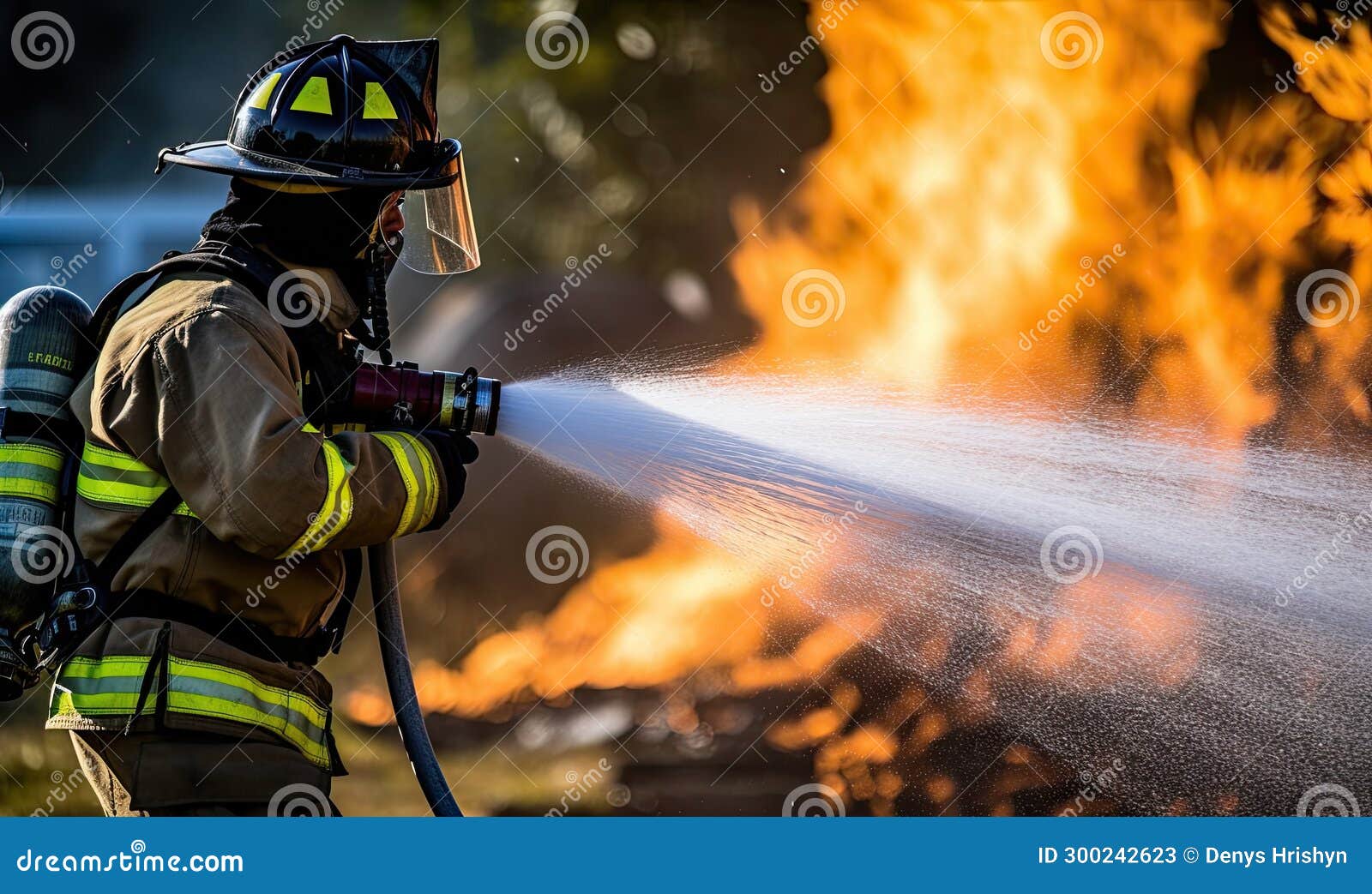 Firefighter Heroically Battling Blaze with Powerful Water Stream Stock ...