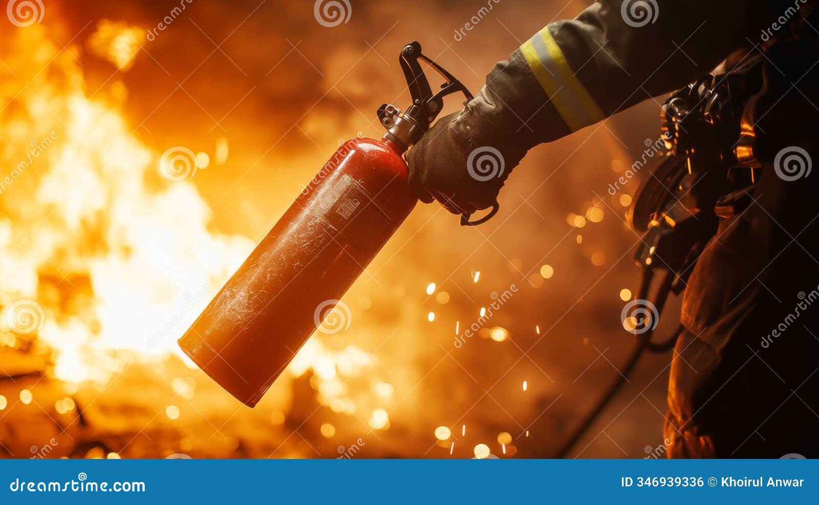 A Firefighter Holding a Fire Extinguisher while Sting in Front of a ...