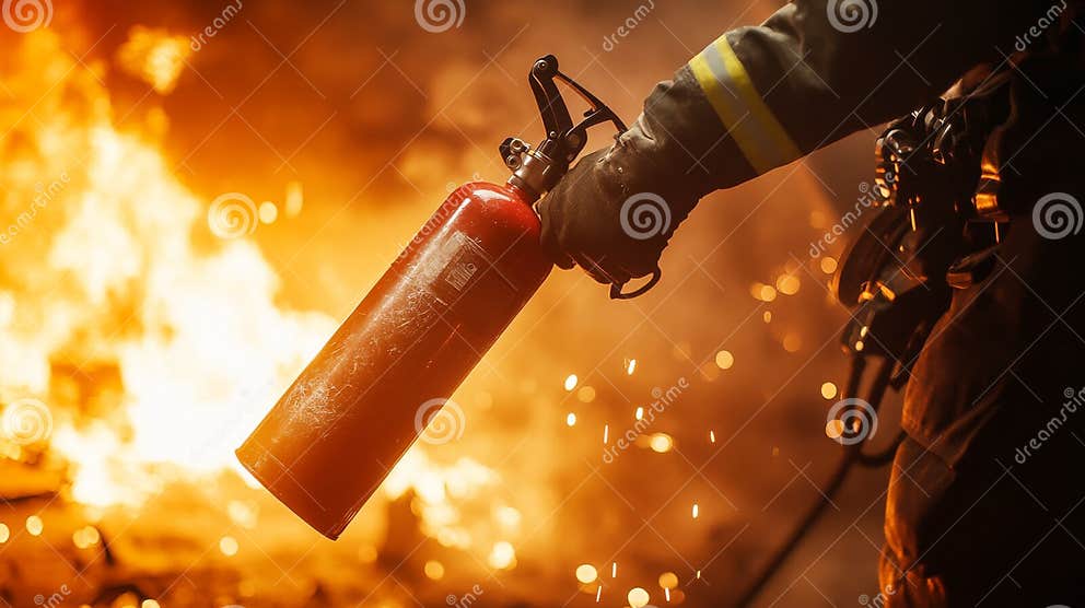 A Firefighter Holding a Fire Extinguisher while Sting in Front of a ...