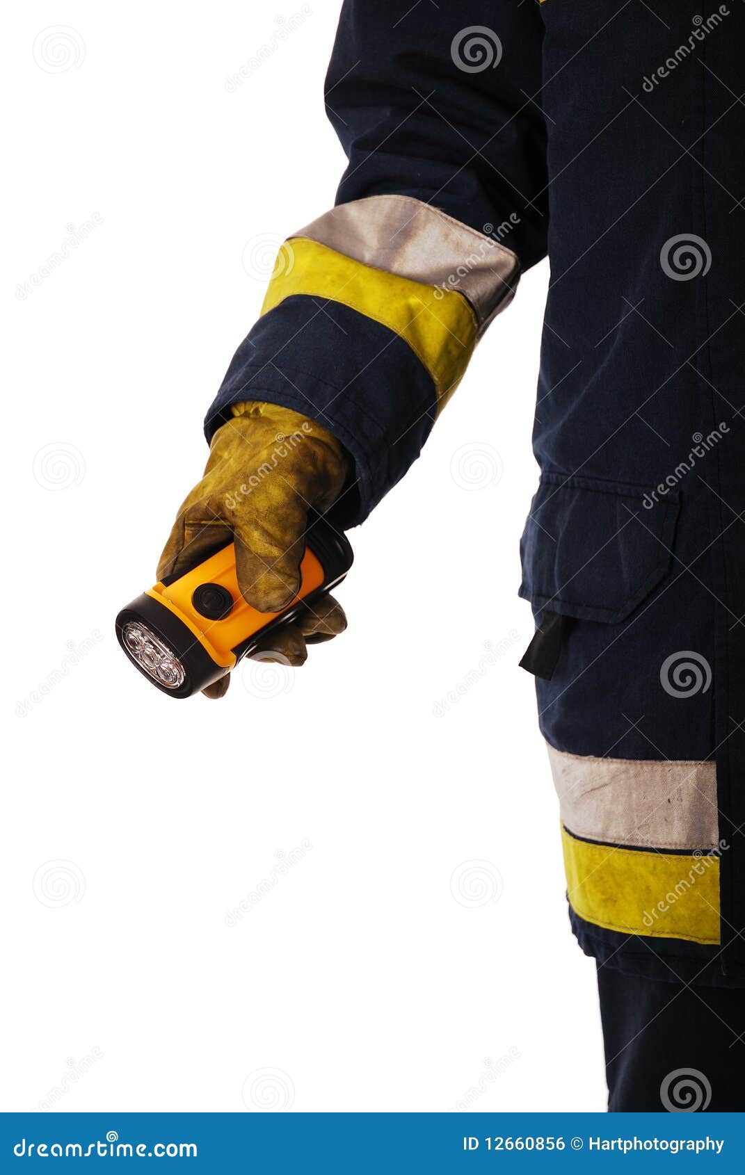 Firefighter Holding Helmet In Hands, Bottom Close-up View, Back View ...