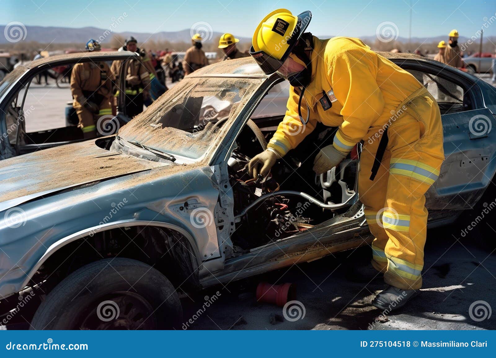A Firefighter with Hydraulic Grippers Extricating a Crash Test Dummy ...