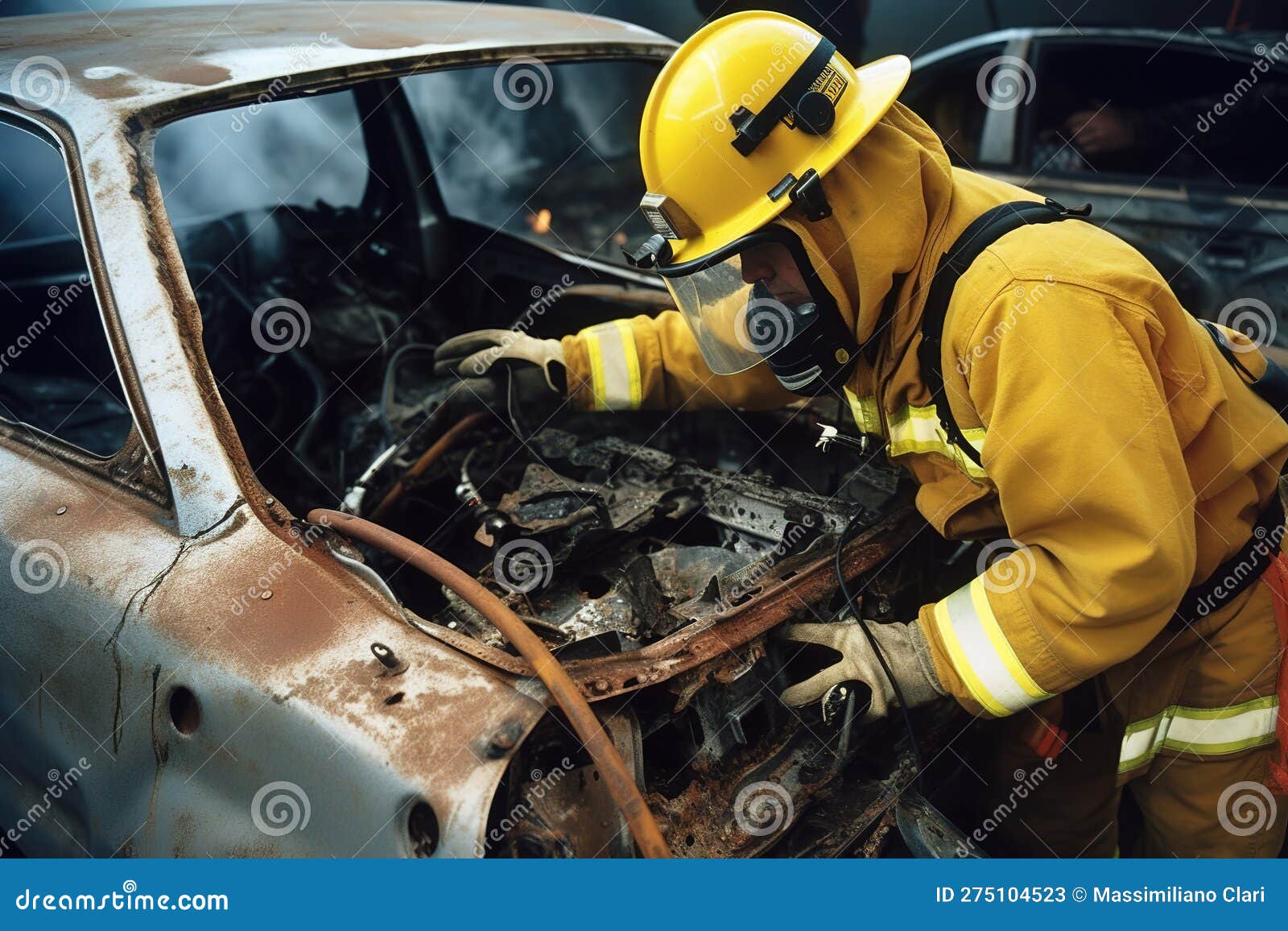 A Firefighter with Hydraulic Grippers Extricating a Crash Test Dummy ...