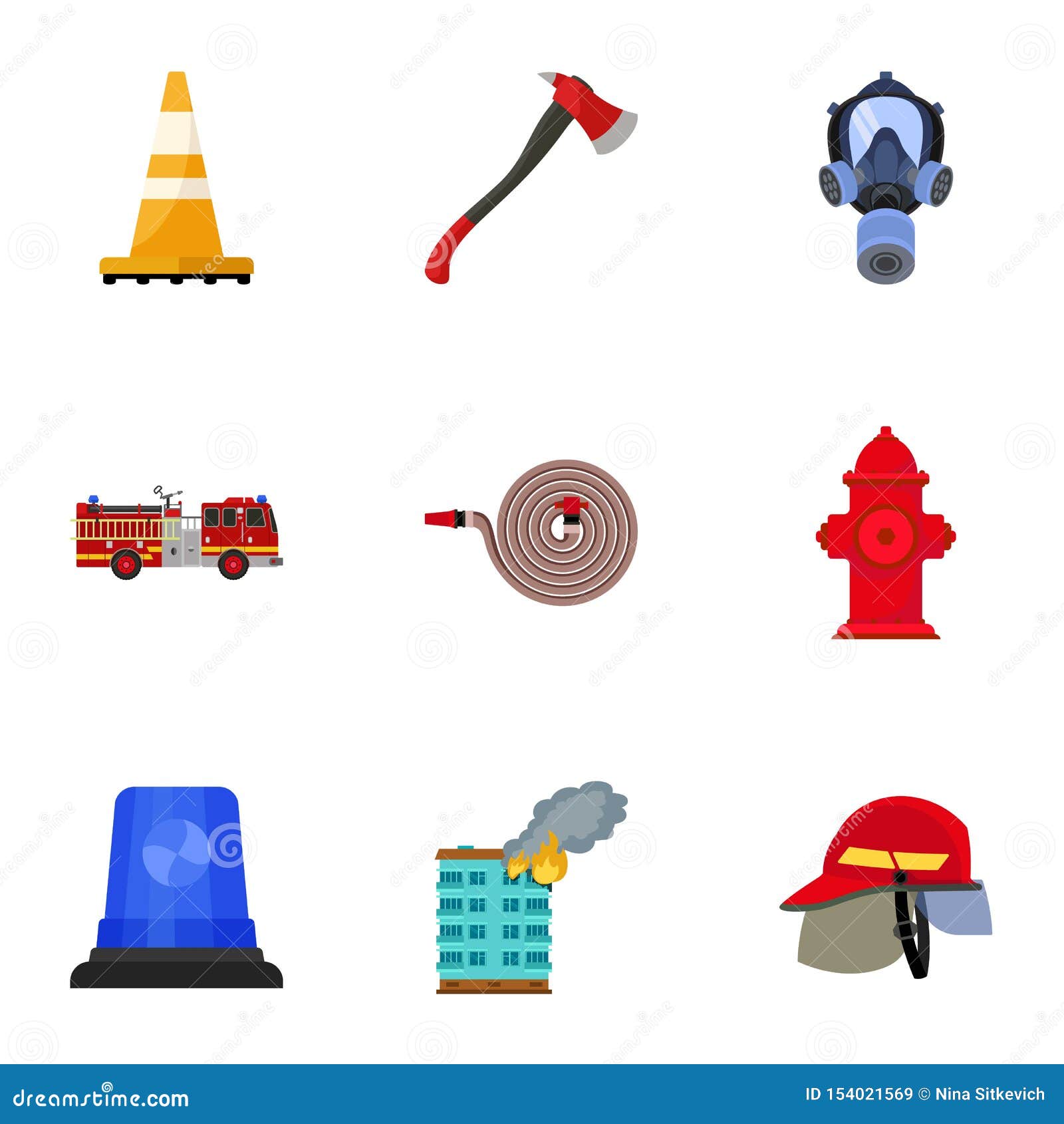 Firefighter Icon Set, Flat Style Stock Vector - Illustration of ...