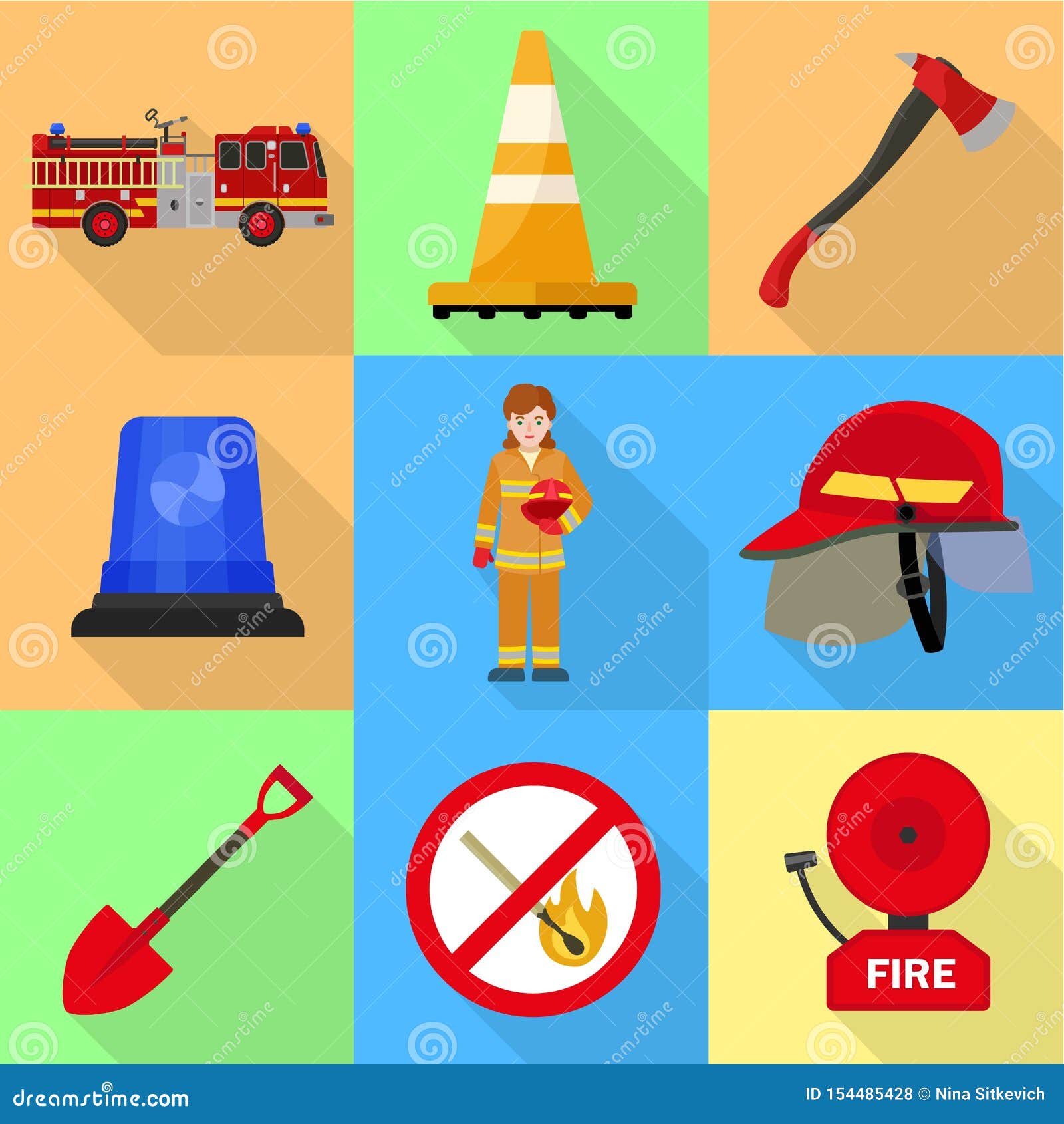 Firefighter Icon Set, Flat Style Stock Vector - Illustration of design ...