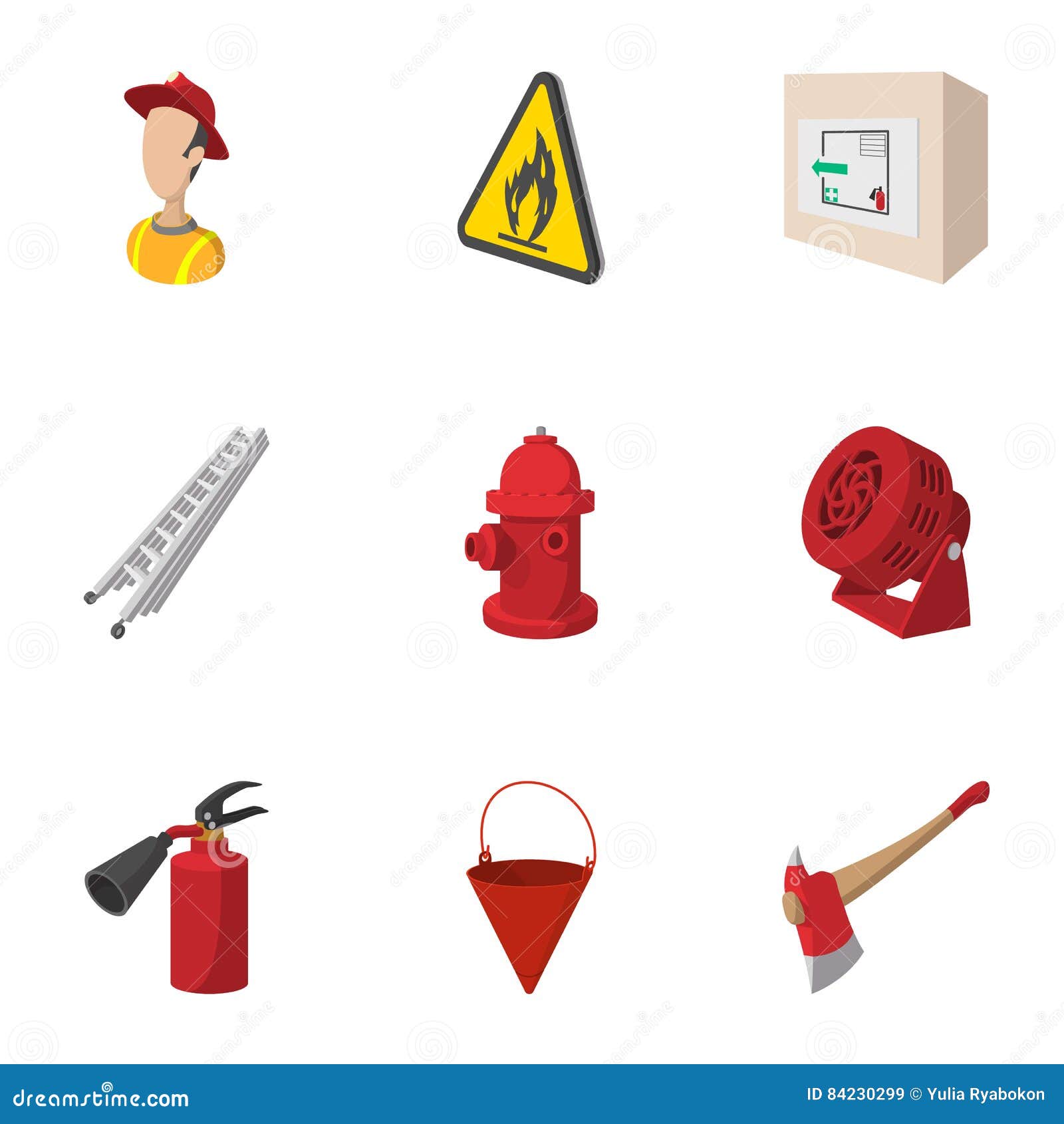 Firefighter Icons Set, Cartoon Style Stock Vector - Illustration of ...