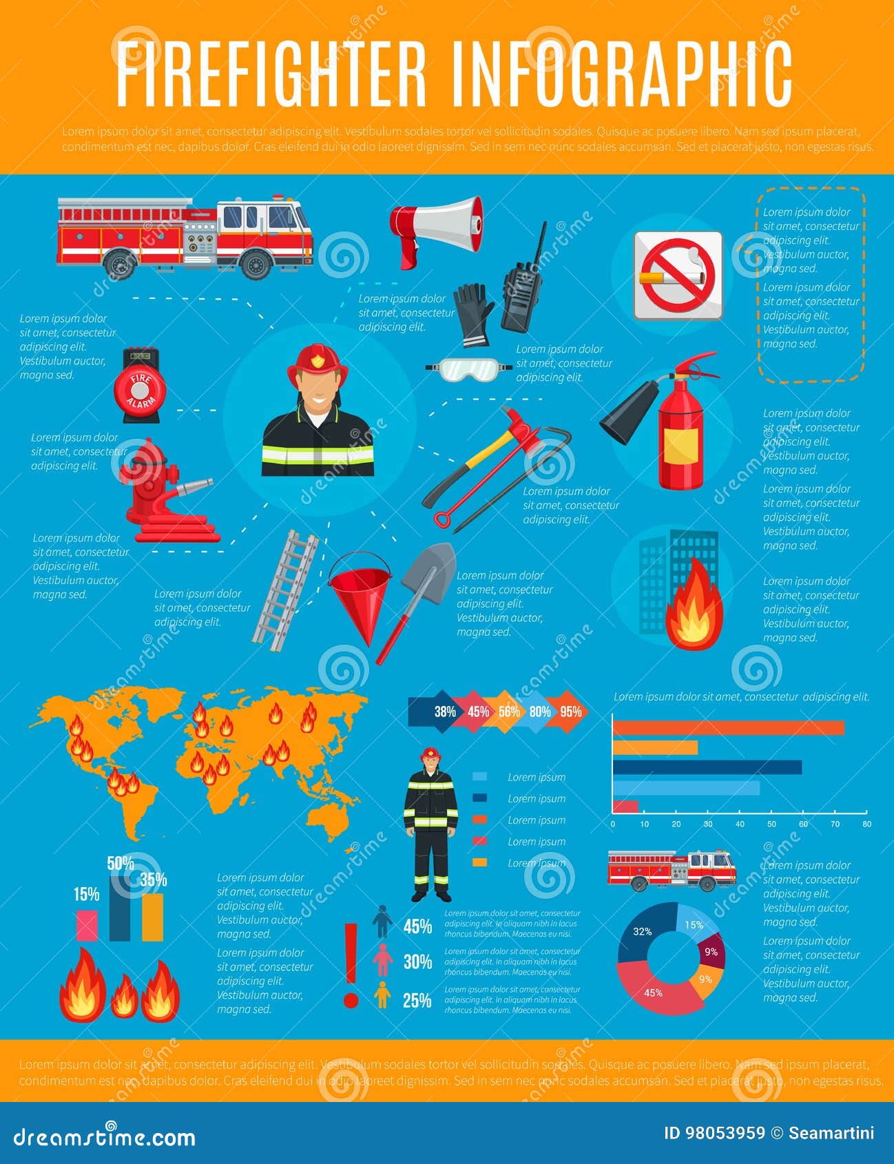 Firefighter Infographic with Fireman and Equipment Stock Vector ...