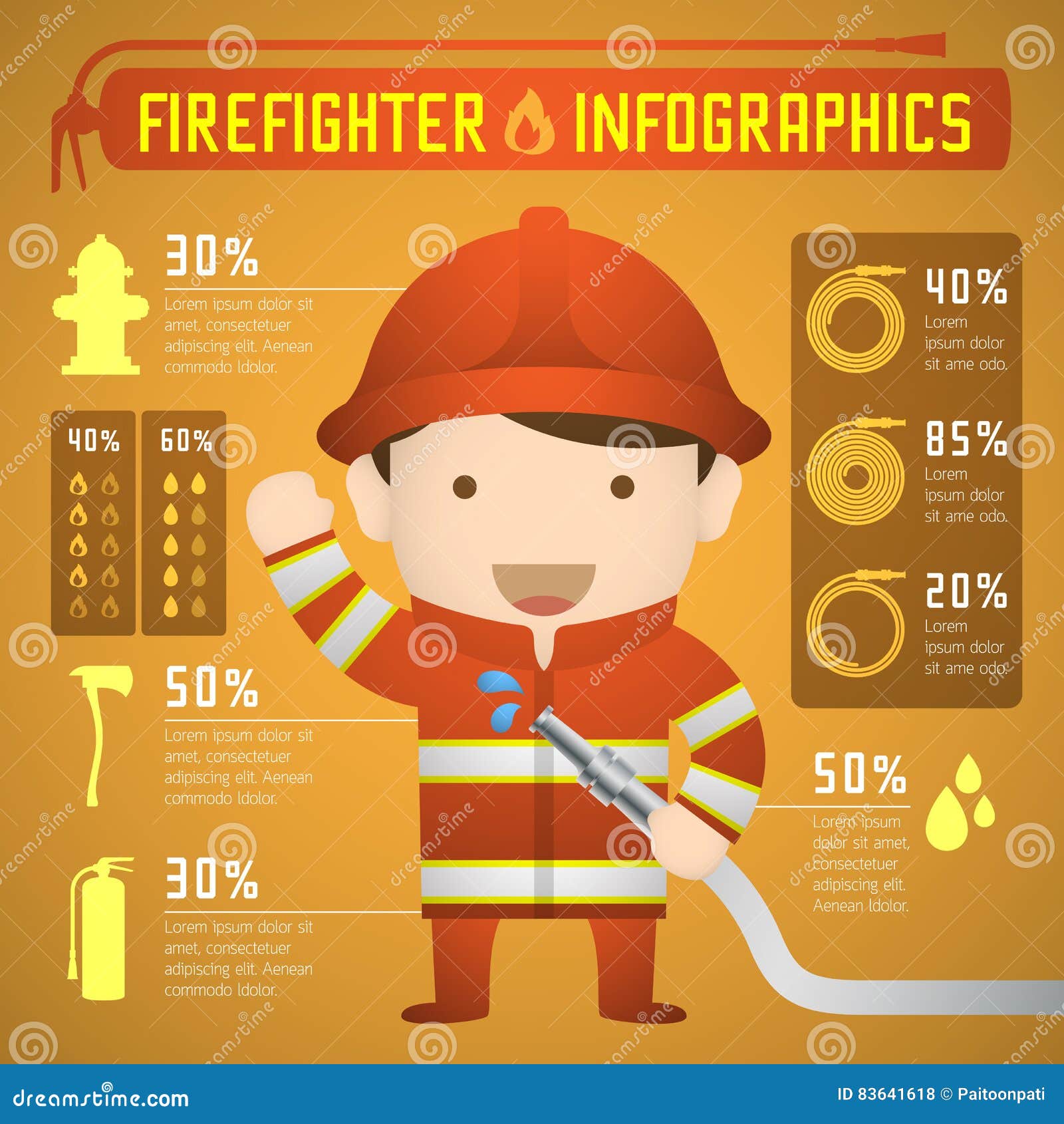 Firefighter Infographics in Orange Fire Suit Yellow Gradient Stock ...