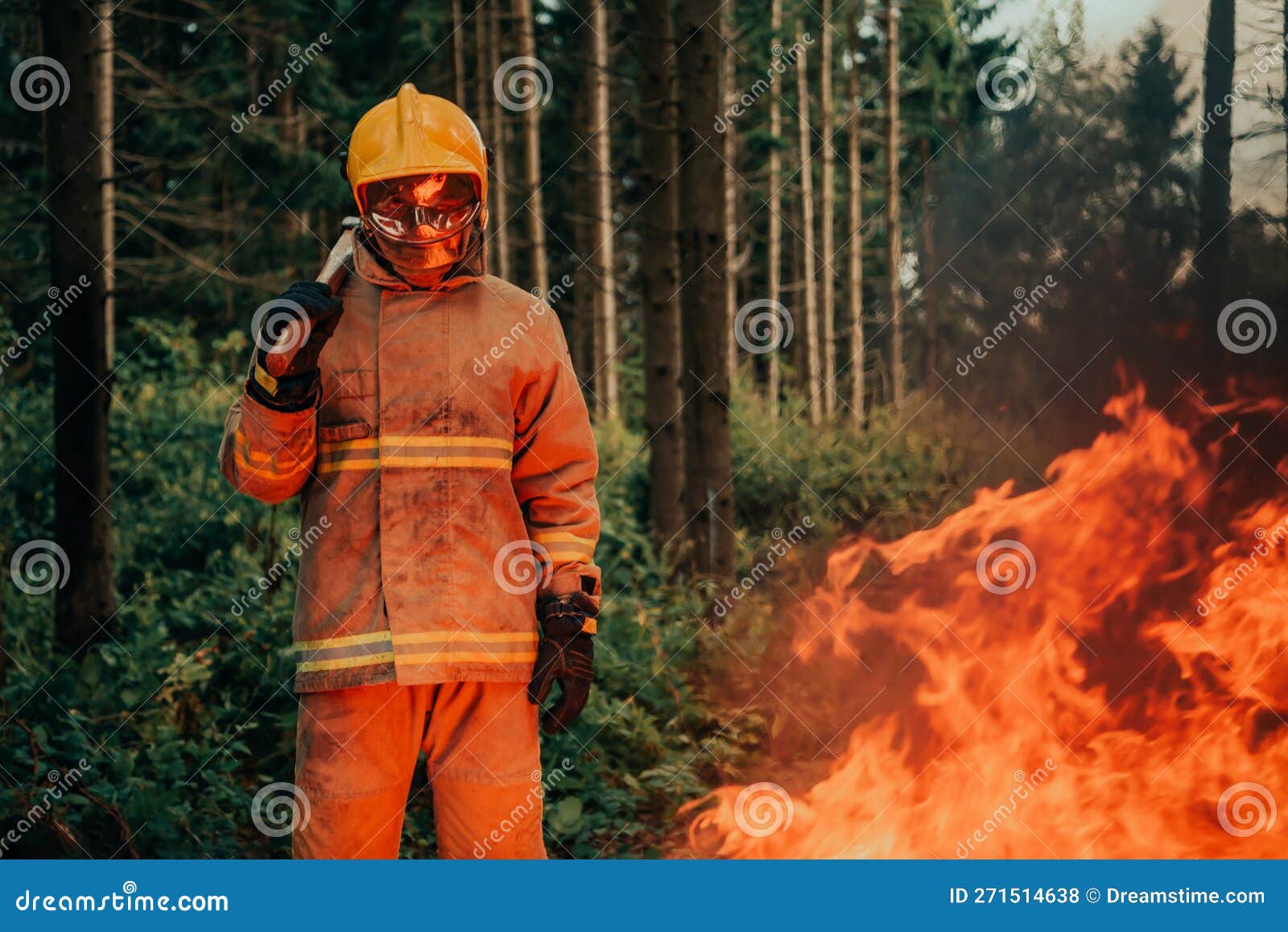 Firefighter at Job. Firefighter in Dangerous Forest Areas Surrounded by ...