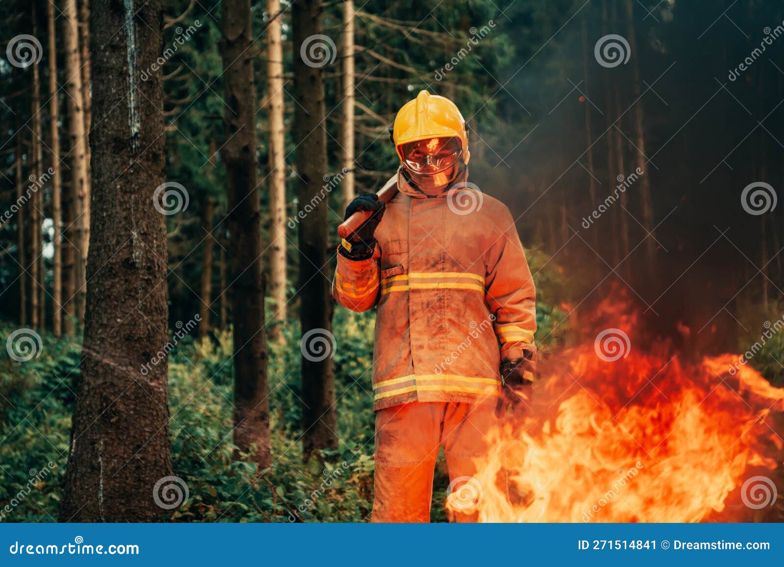 Firefighter at Job. Firefighter in Dangerous Forest Areas Surrounded by ...