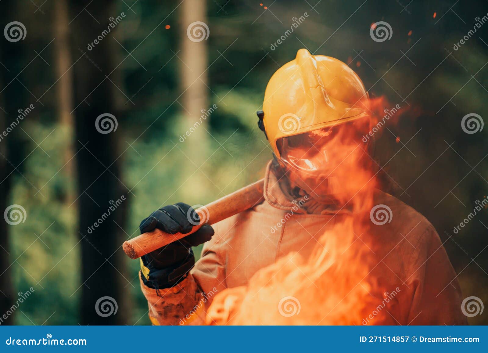 Firefighter at Job. Firefighter in Dangerous Forest Areas Surrounded by ...