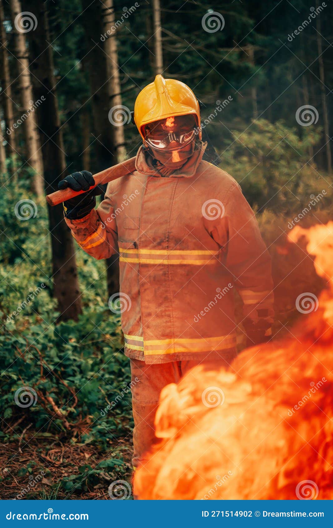 Firefighter at Job. Firefighter in Dangerous Forest Areas Surrounded by ...