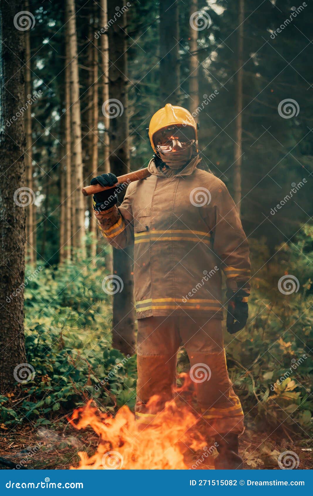 Firefighter at Job. Firefighter in Dangerous Forest Areas Surrounded by ...