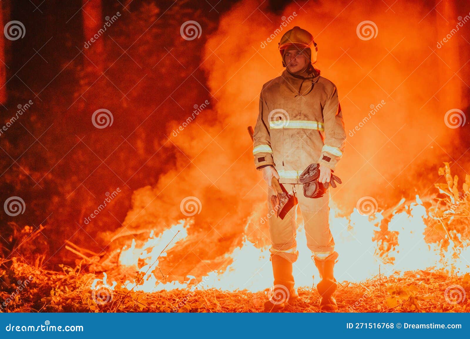Firefighter at Job. Firefighter in Dangerous Forest Areas Surrounded by ...