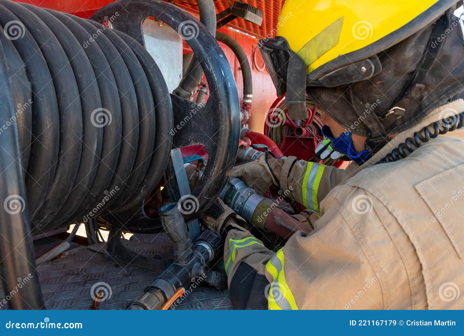 Firefighter Joining Hose Lines To Put Out Fires Stock Image - Image of ...