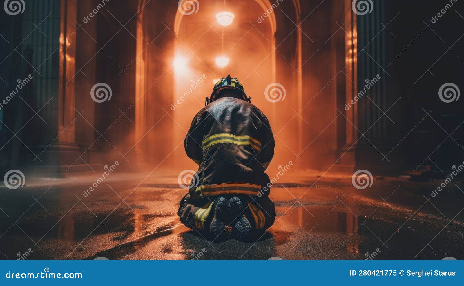A Firefighter Kneeling Facing A Fire Hydrant Stock Photography ...