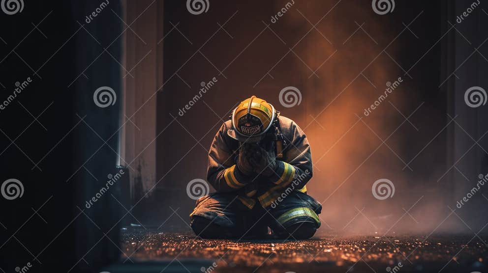 A Firefighter Kneeling on the Ground in Front of a Fire. Generative AI ...