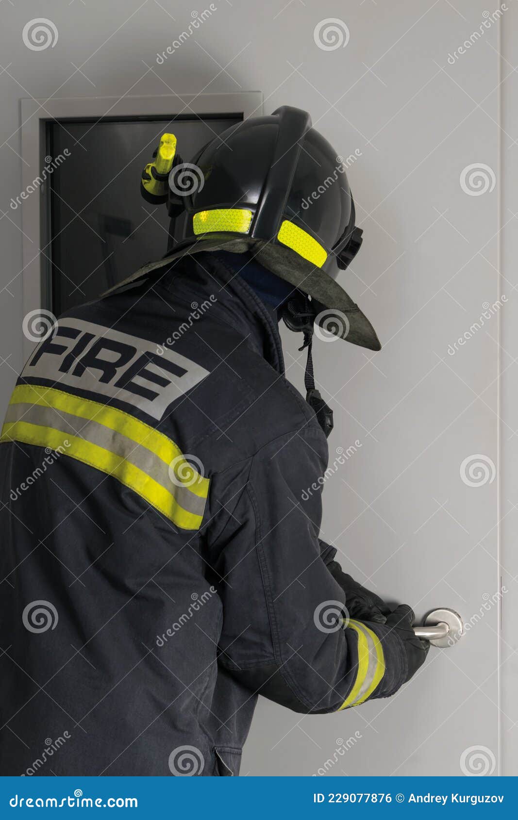 Firefighter Looking through a Closed Door Window Stock Photo - Image of ...