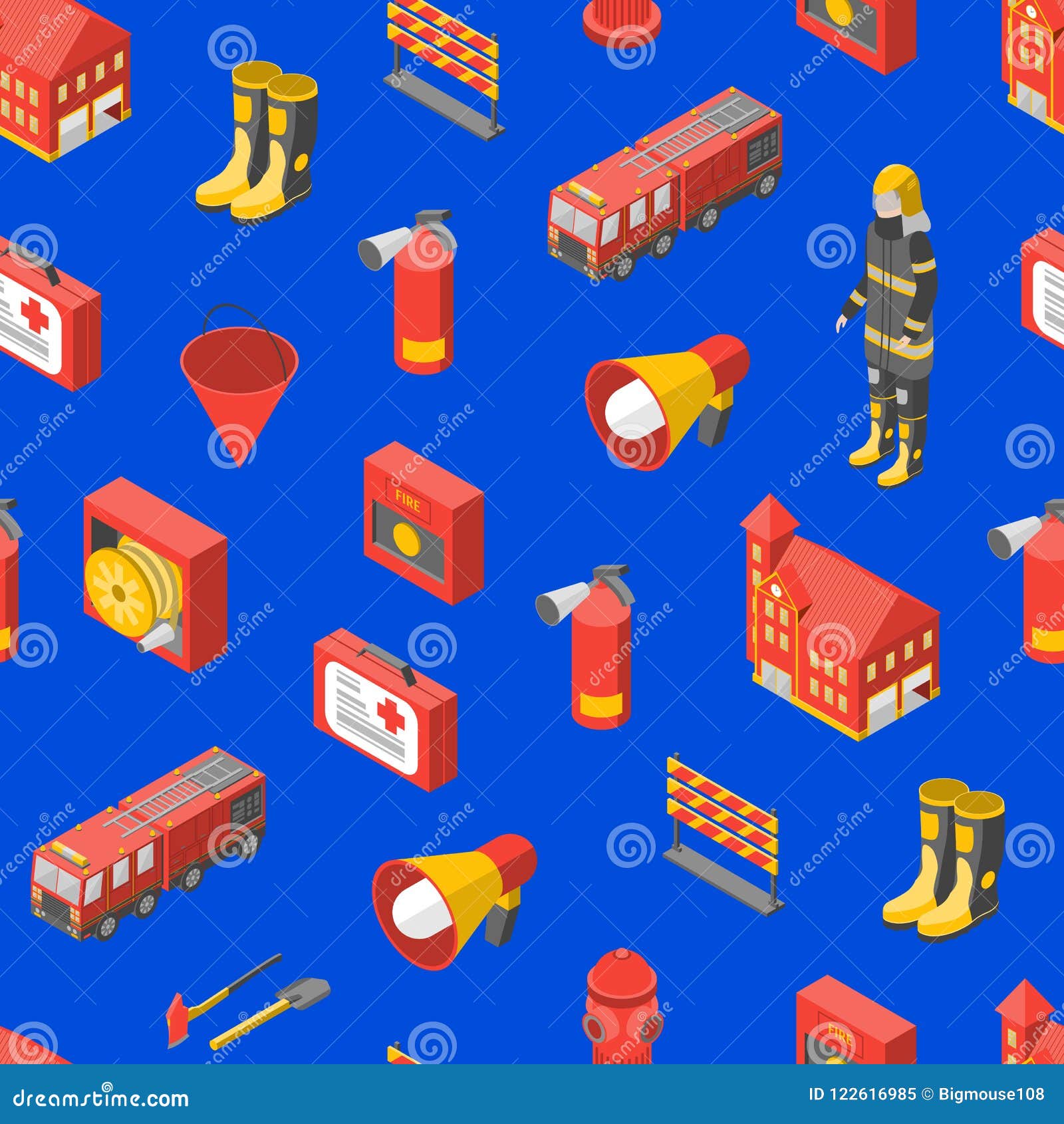 Firefighter Man and Equipment Seamless Pattern Background Isometric ...