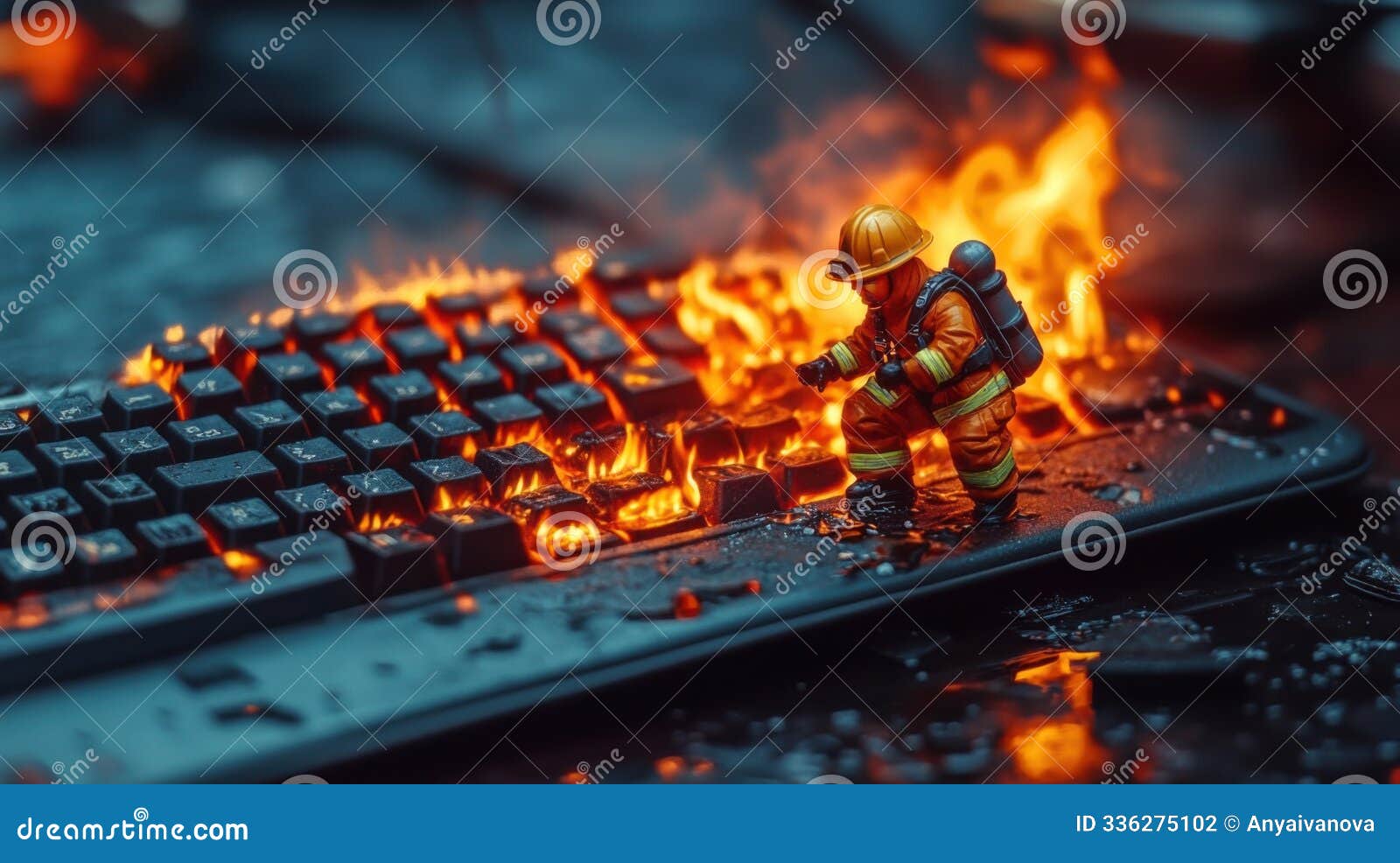 Firefighter Miniature Extinguishing Burning Keyboard in Cyber Security ...