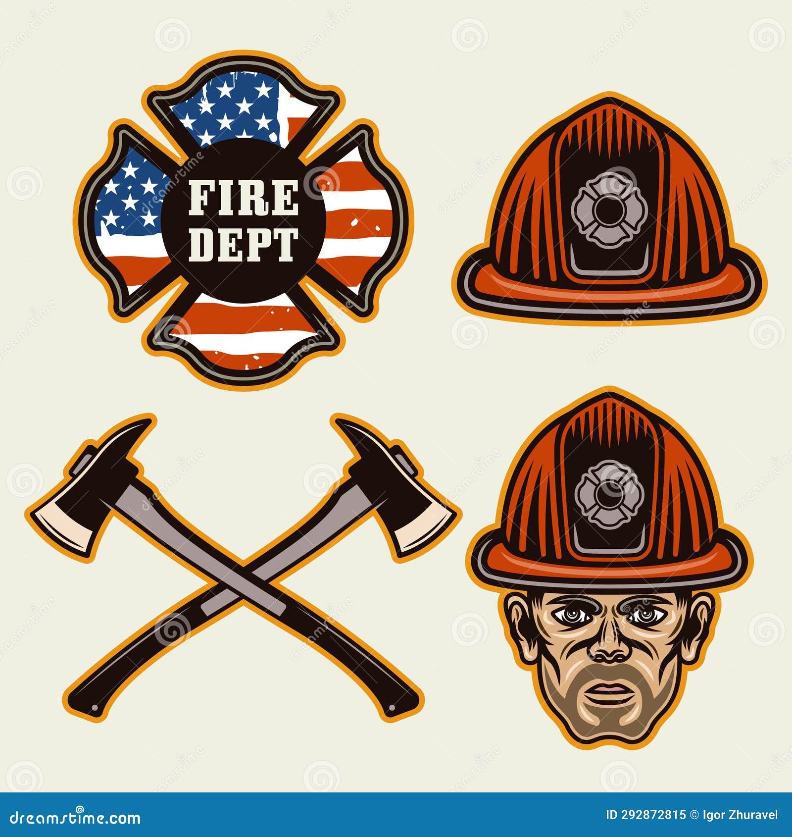 Firefighter Objects Set of Vector Elements in Colored Style Stock ...