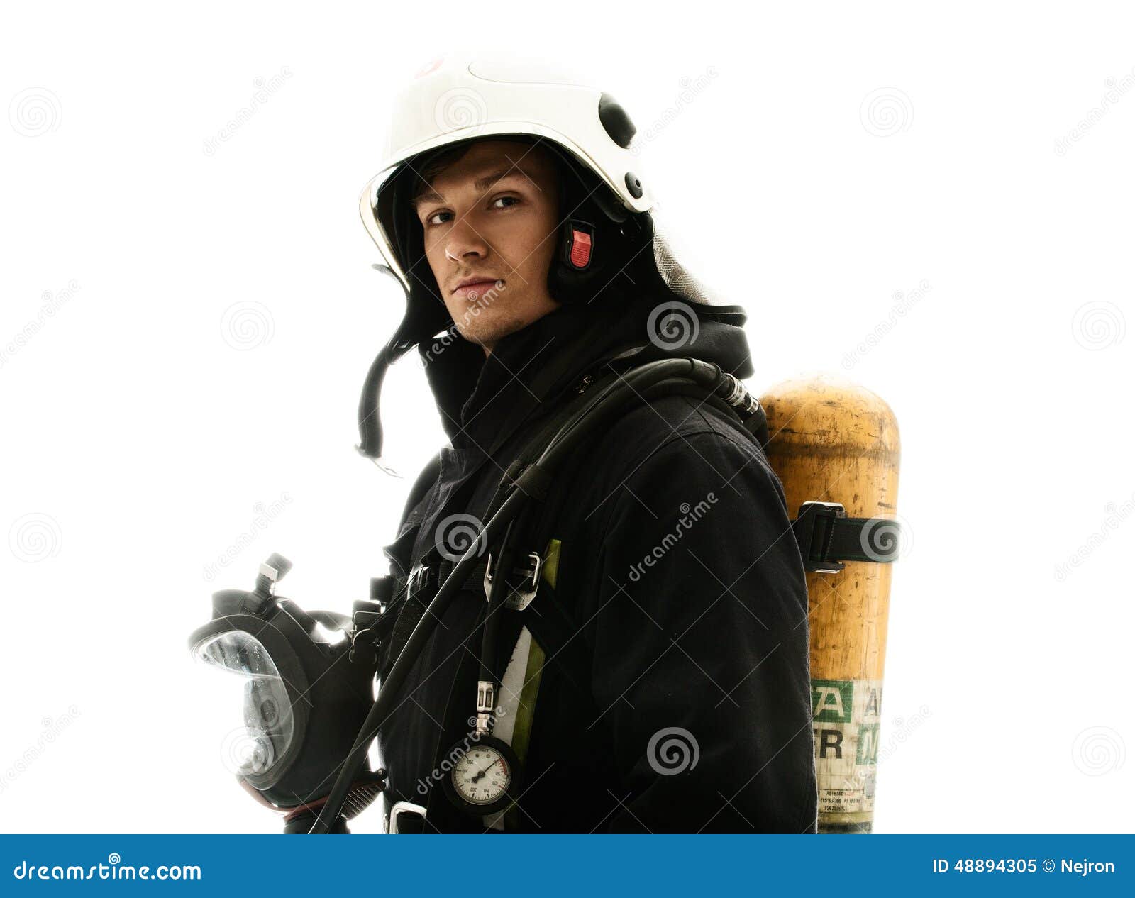 Firefighter With Oxygen Cylinder On The Fire Truck Royalty-Free Stock ...
