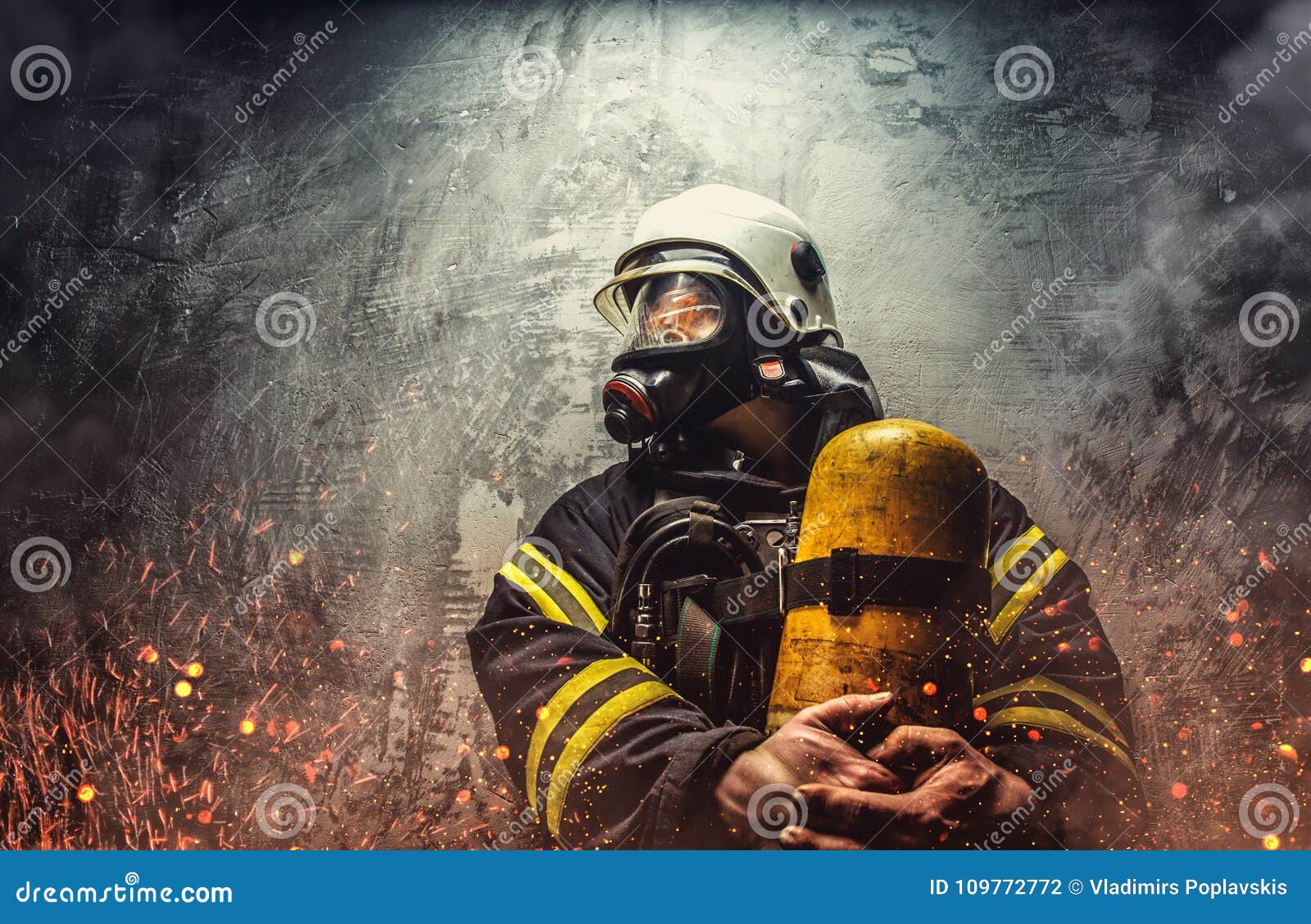 Firefighter With Oxygen Cylinder Climbing A Wooden Ladder Royalty-Free ...