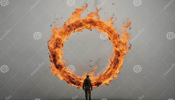 Firefighter Performing a Daring Stunt with a Ring of Flames in a ...